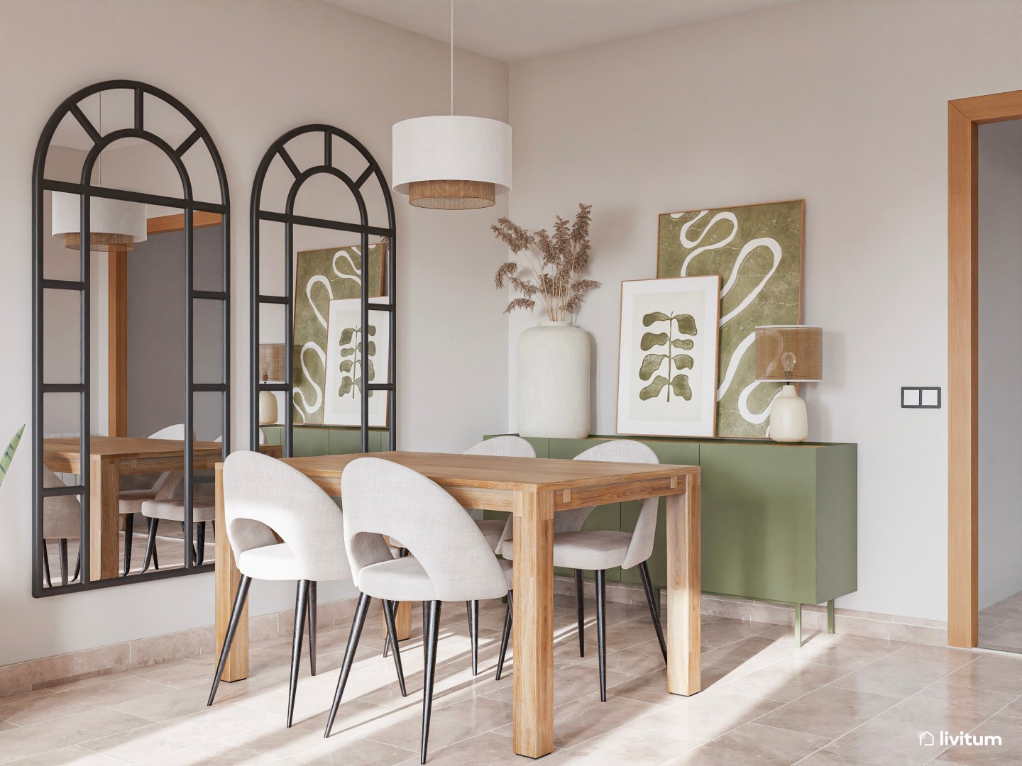 Alegre salón comedor decorado en madera y toques verdes - Livitum.com