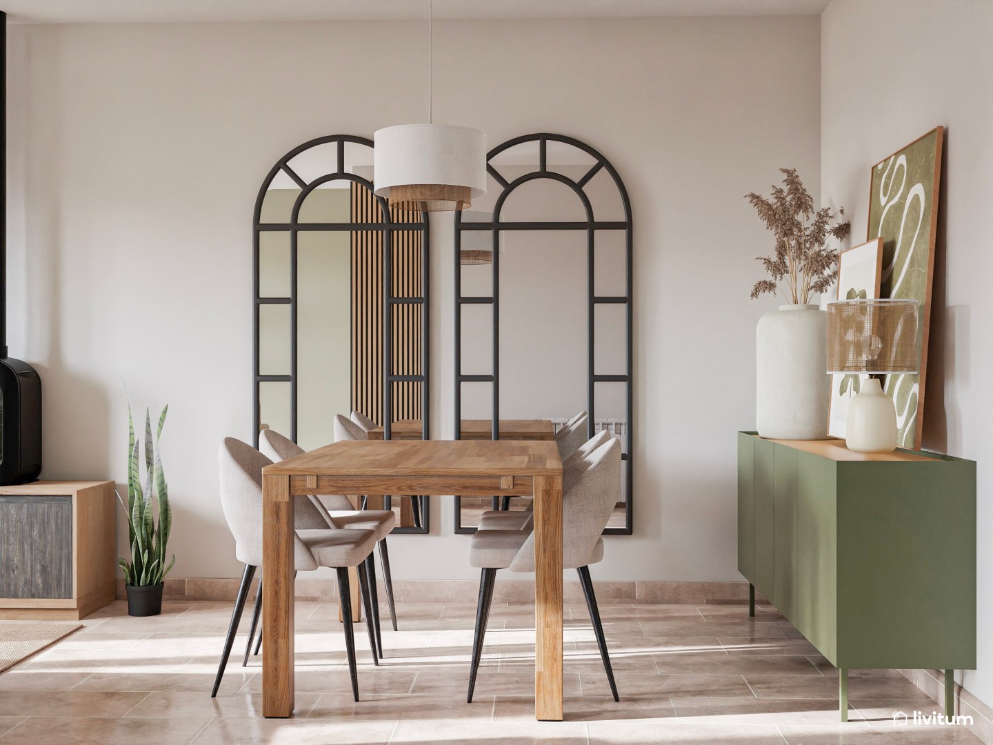 Alegre salón comedor decorado en madera y toques verdes - Livitum.com