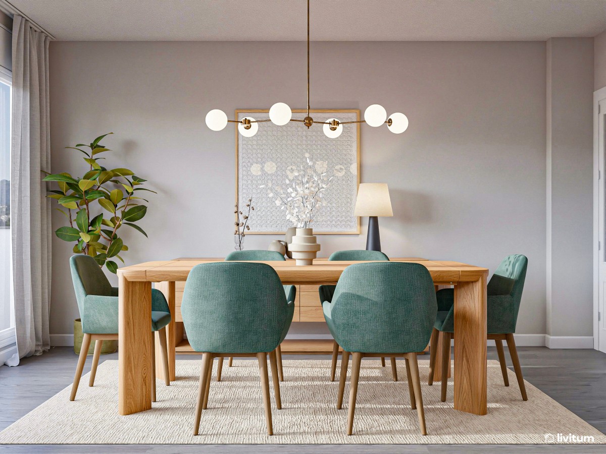 Amplio salón comedor nórdico con detalles en verde - Livitum.com