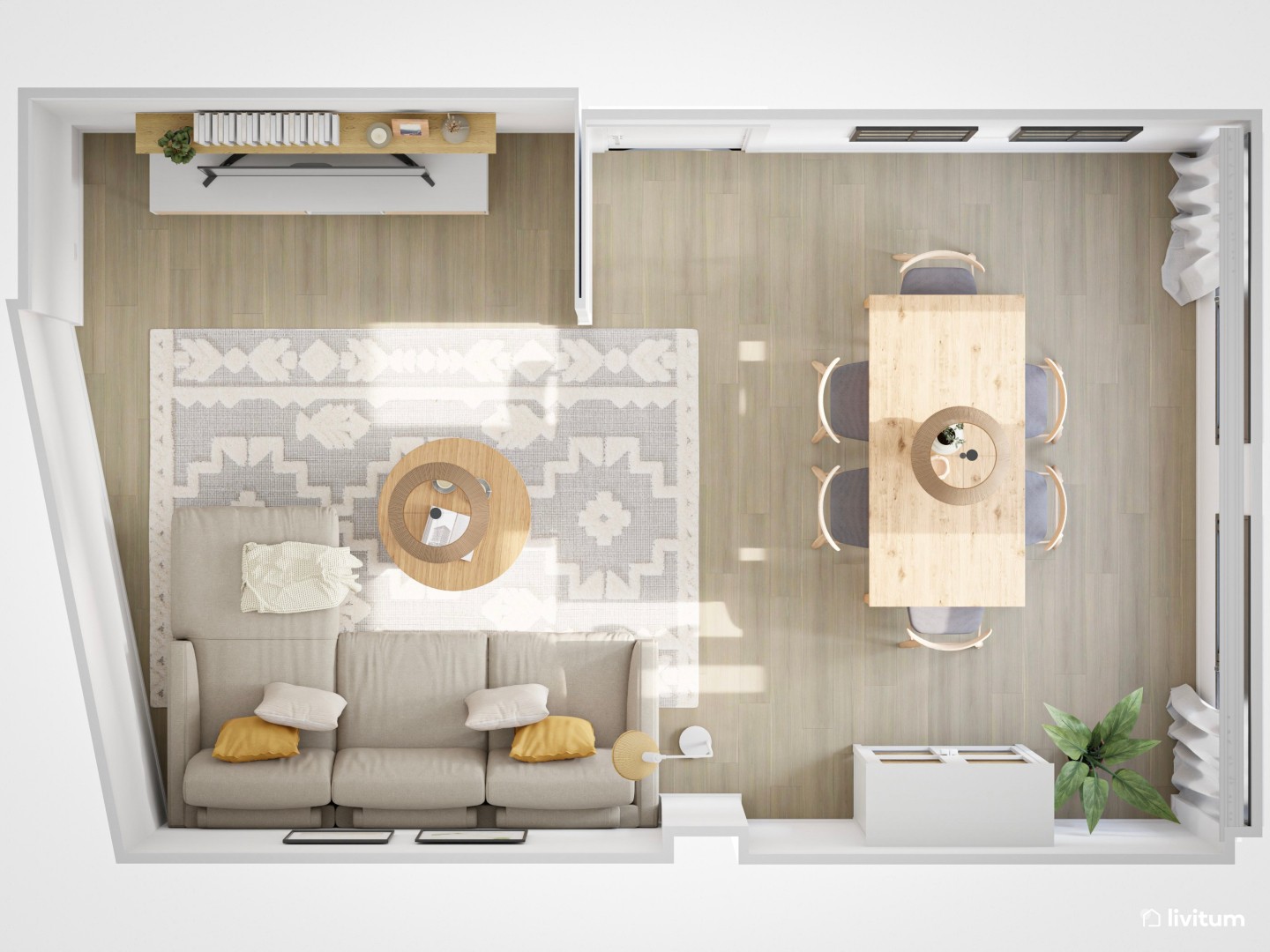 Comedor y salón de estilo nórdico en tonos beige - Livitum.com