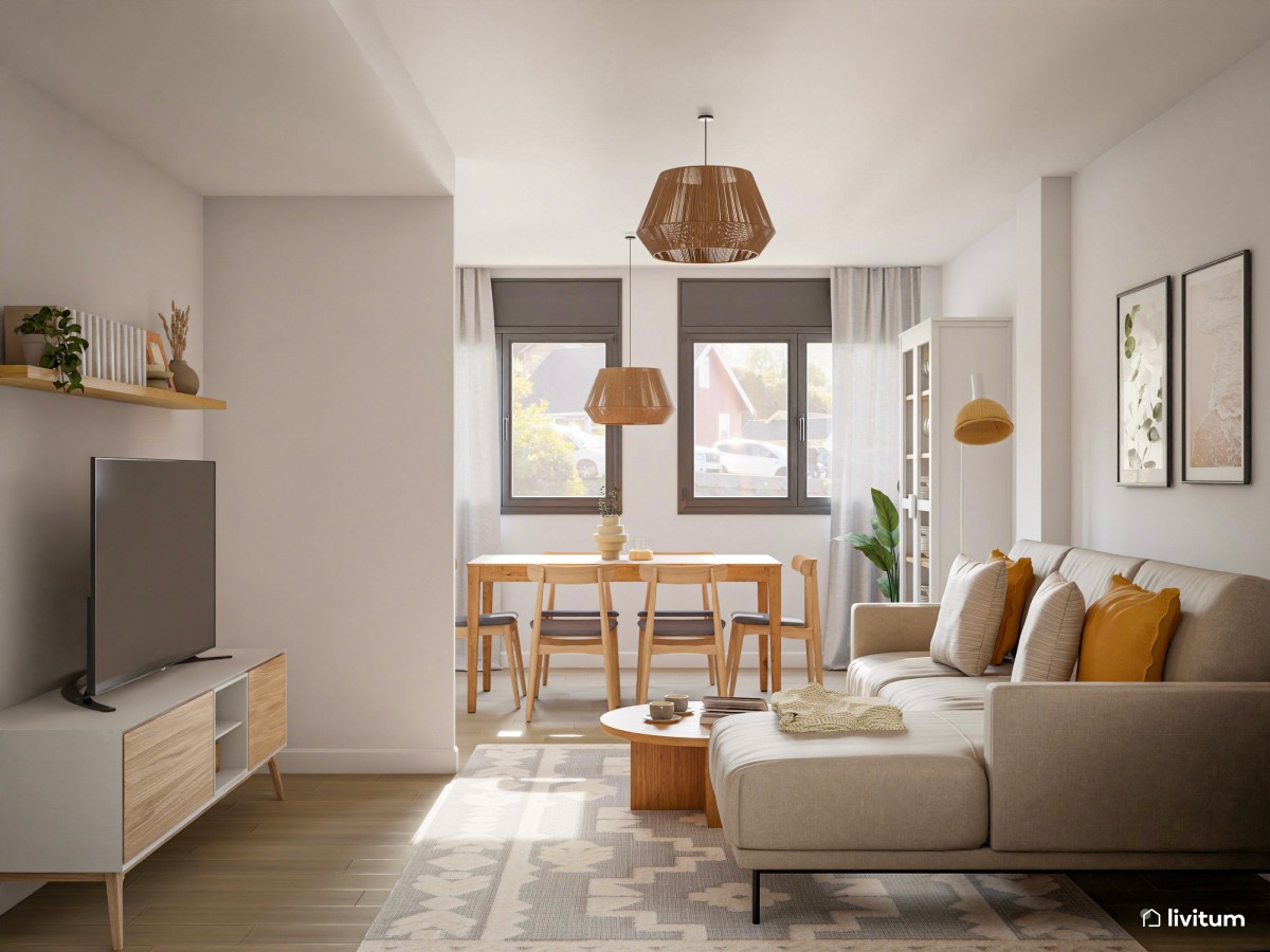 Comedor y salón de estilo nórdico en tonos beige - Livitum.com