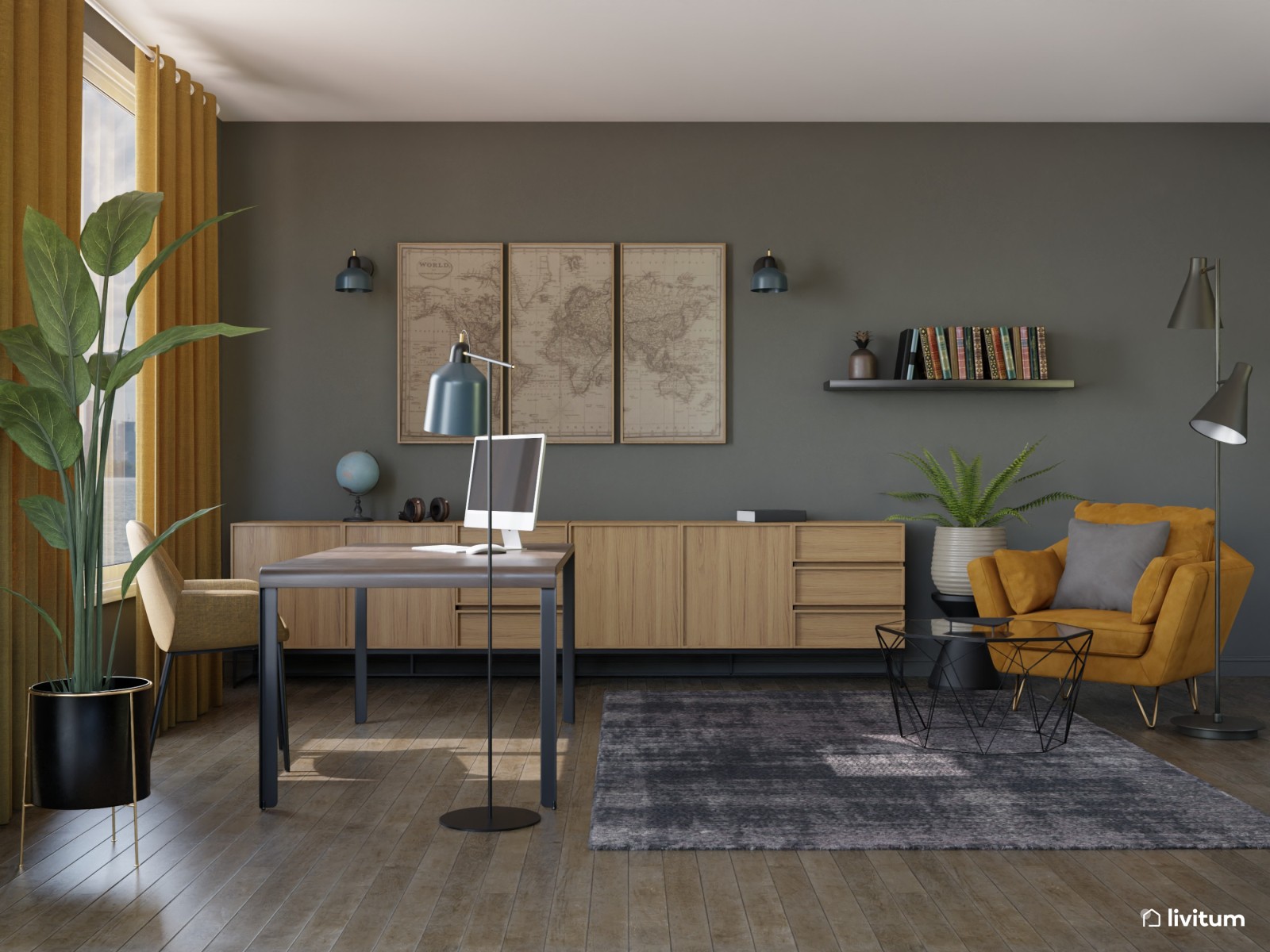 Despacho industrial con sillón mostaza - Livitum.com