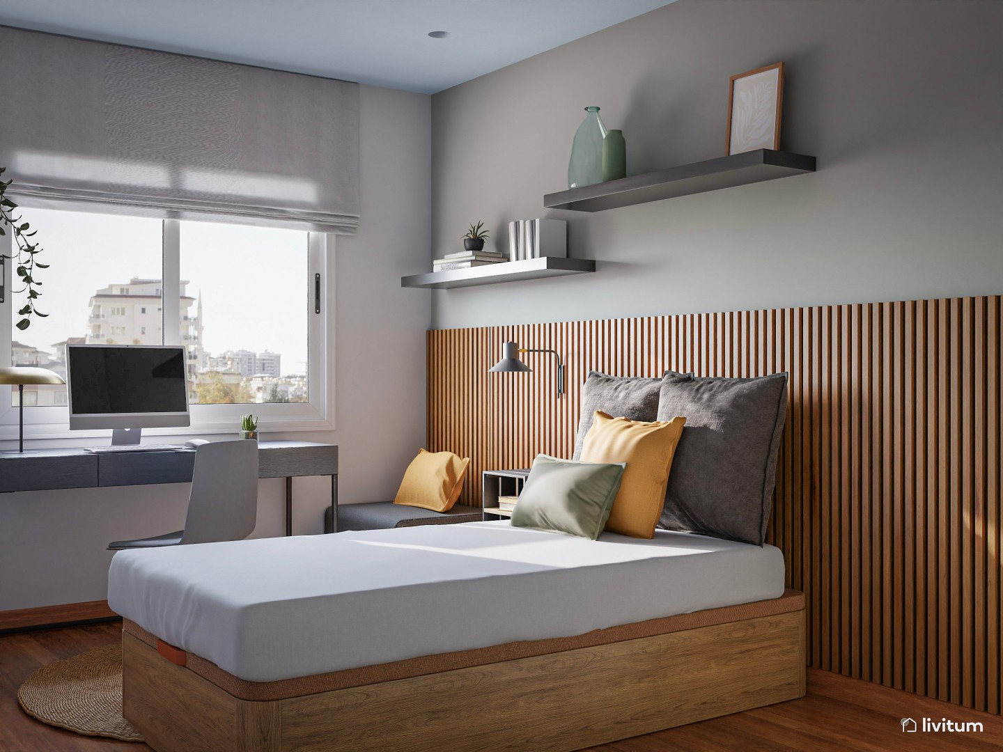 Dormitorio con cama individual de estilo industrial - Livitum.com