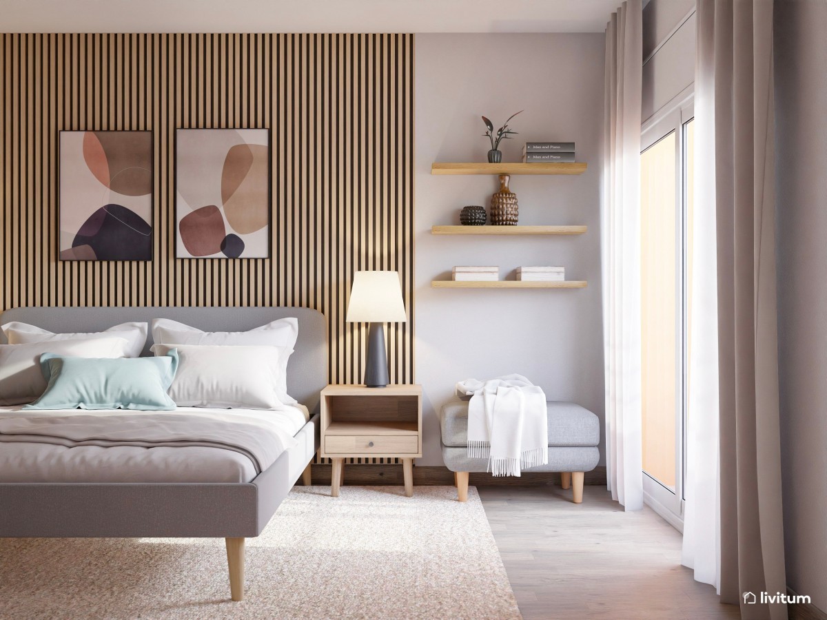 Dormitorio doble de estilo contemporáneo con paneles acústicos ...