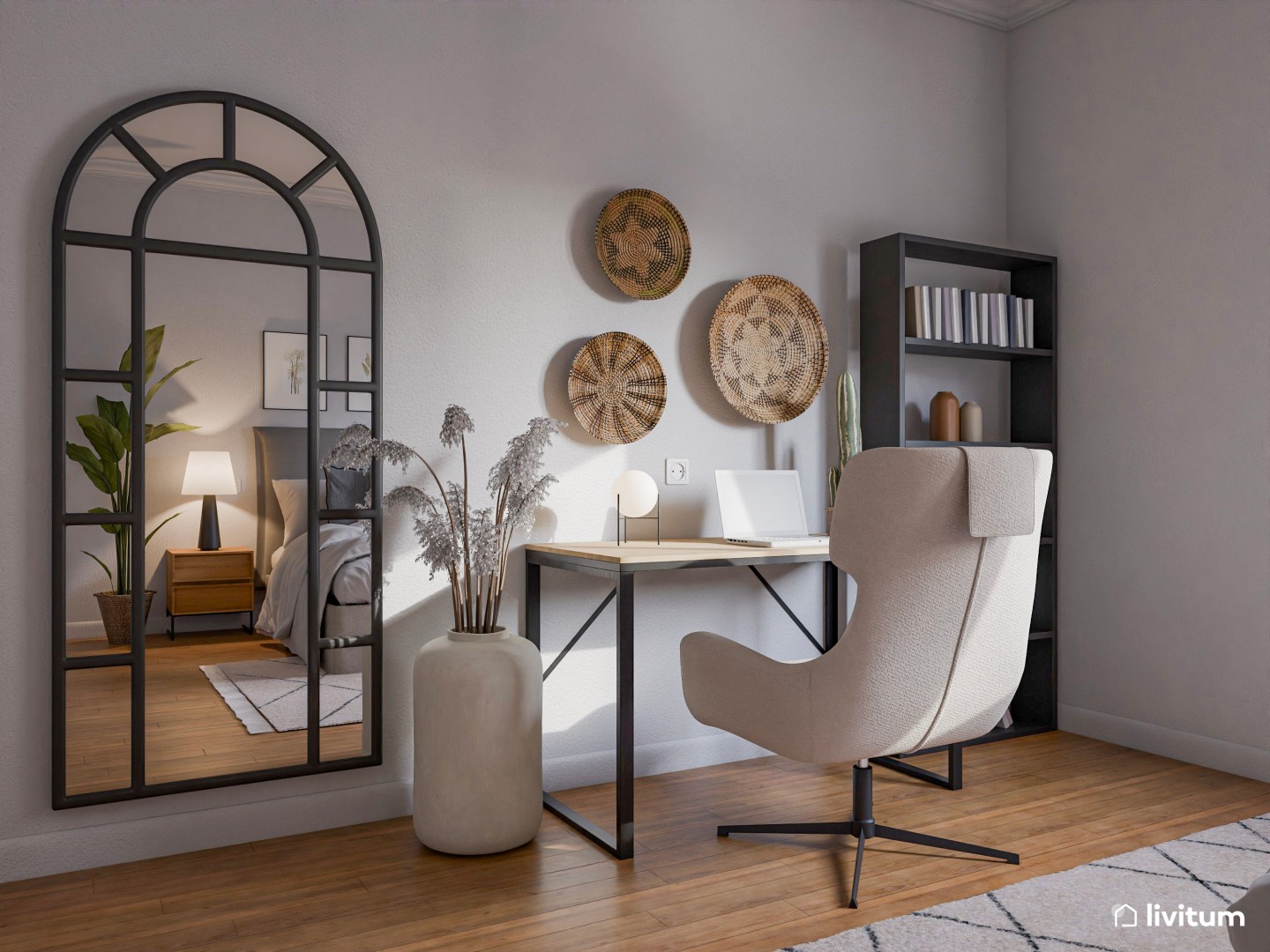 Dormitorio doble en tonos neutros con cómodo espacio de trabajo - Livitum.com