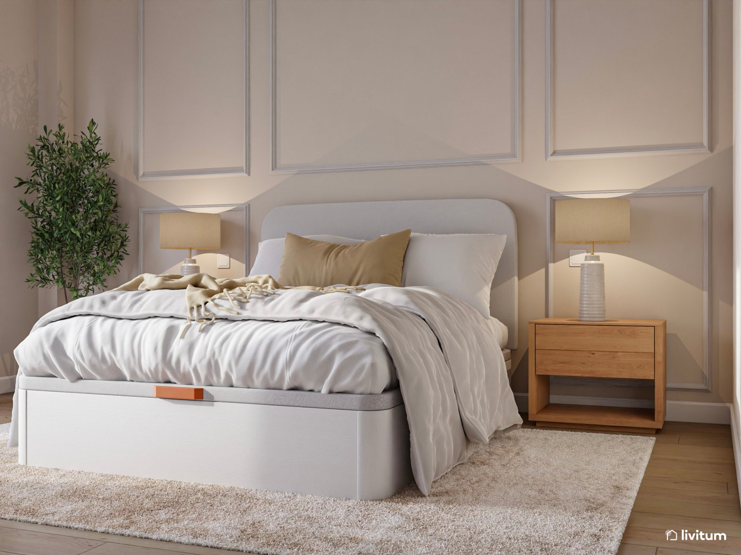 Dormitorio elegante y minimalista con molduras y tocador - Livitum.com