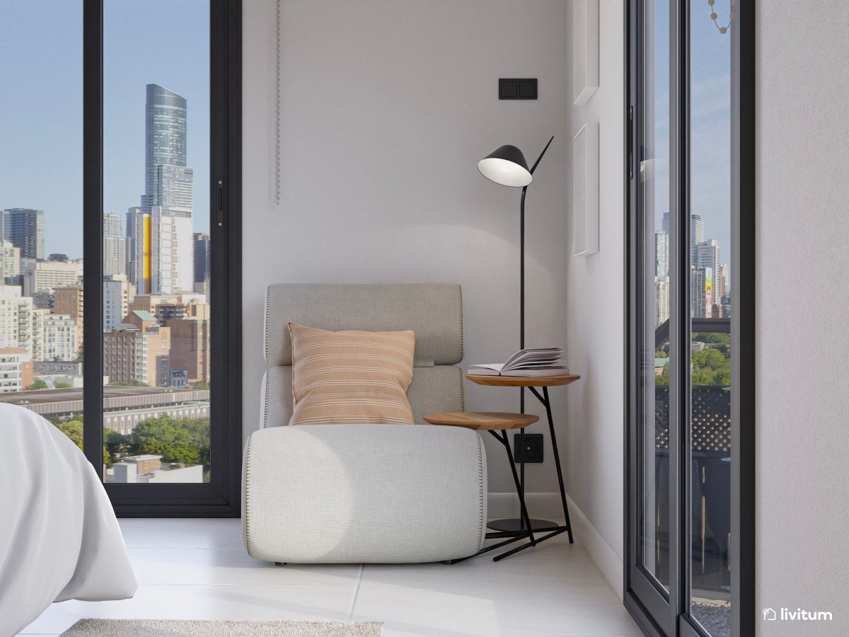 Dormitorio moderno con un cabecero de listones negros - Livitum.com