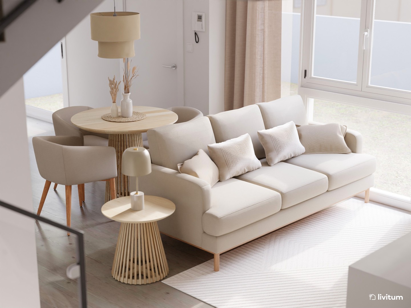 Elegante salón comedor en beige y de tendencia nórdica - Livitum.com