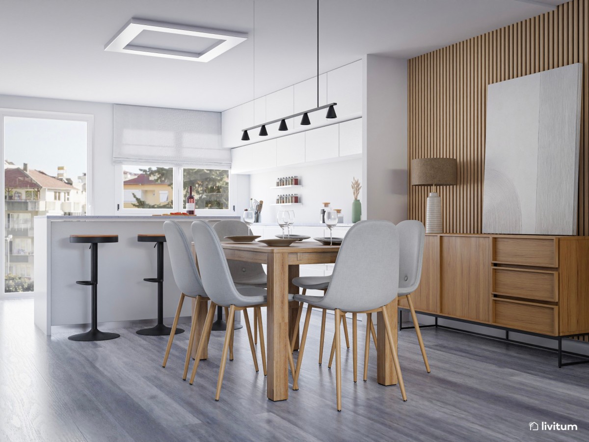 Elegante salón comedor en gris, blanco y listones de madera - Livitum.com