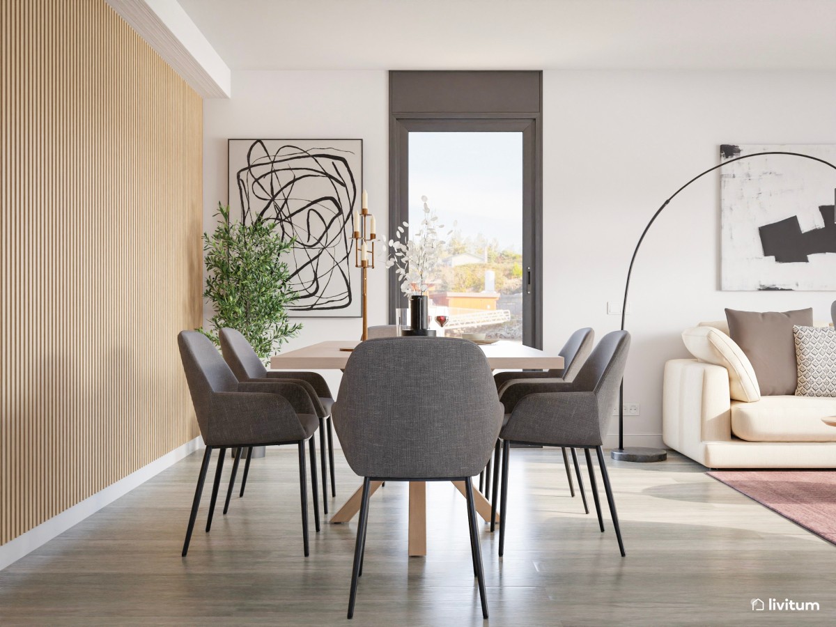 Elegante salón comedor en gris, malva y madera - Livitum.com