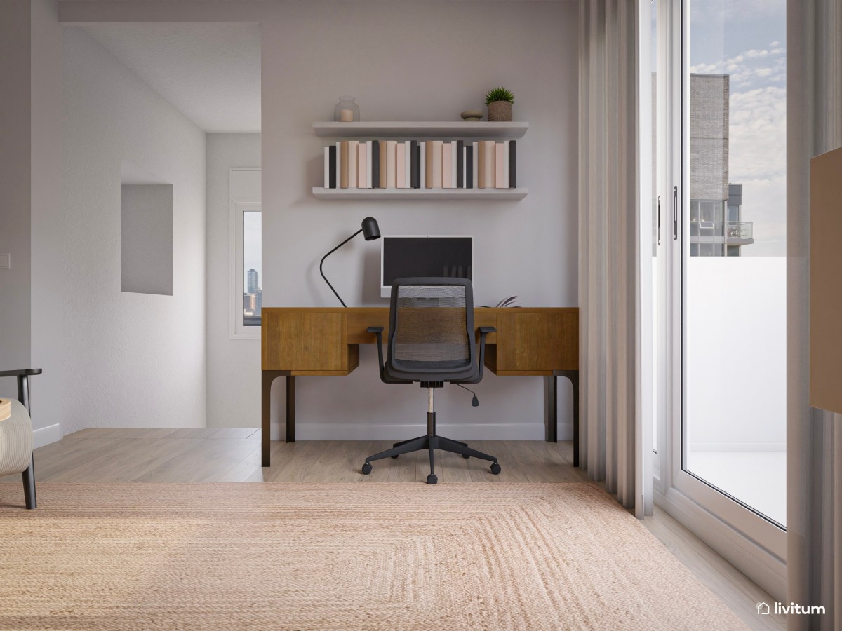 Estudio nórdico con librería, sofá cama y escritorio - Livitum.com