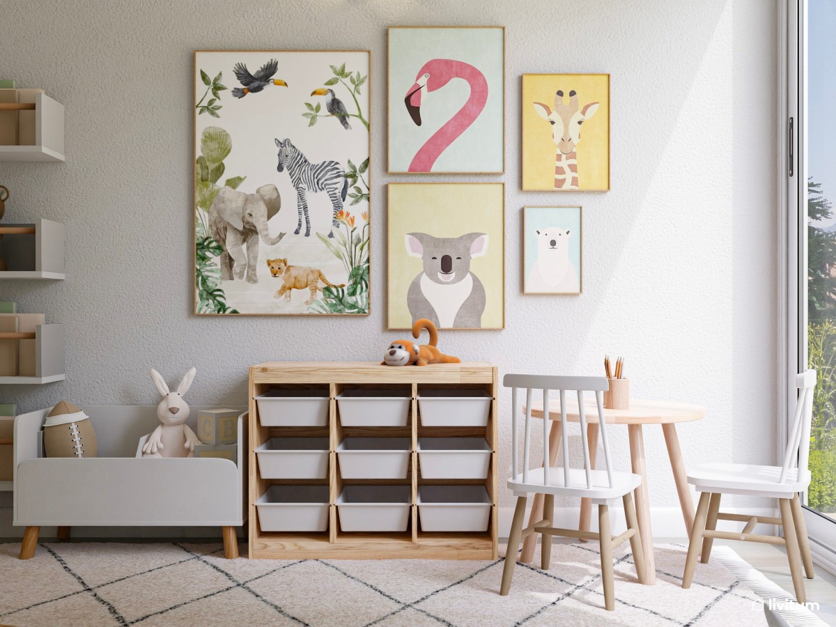 Habitación infantil alargada con literas y zona de juegos - Livitum.com
