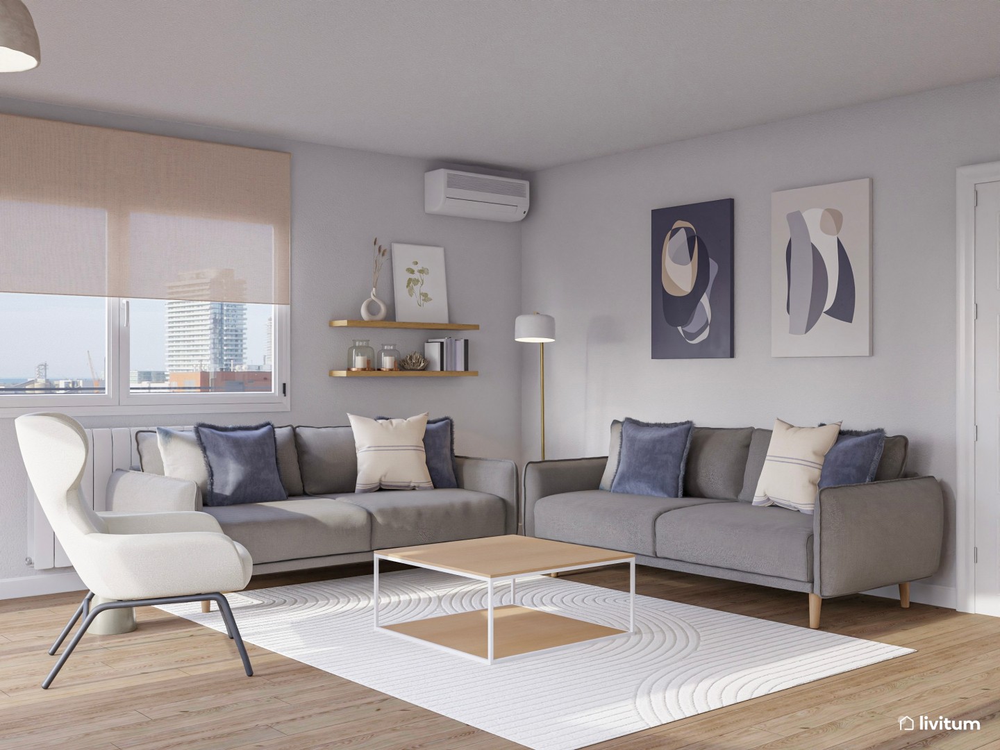 Moderno salón comedor en tonos grises y azulados - Livitum.com