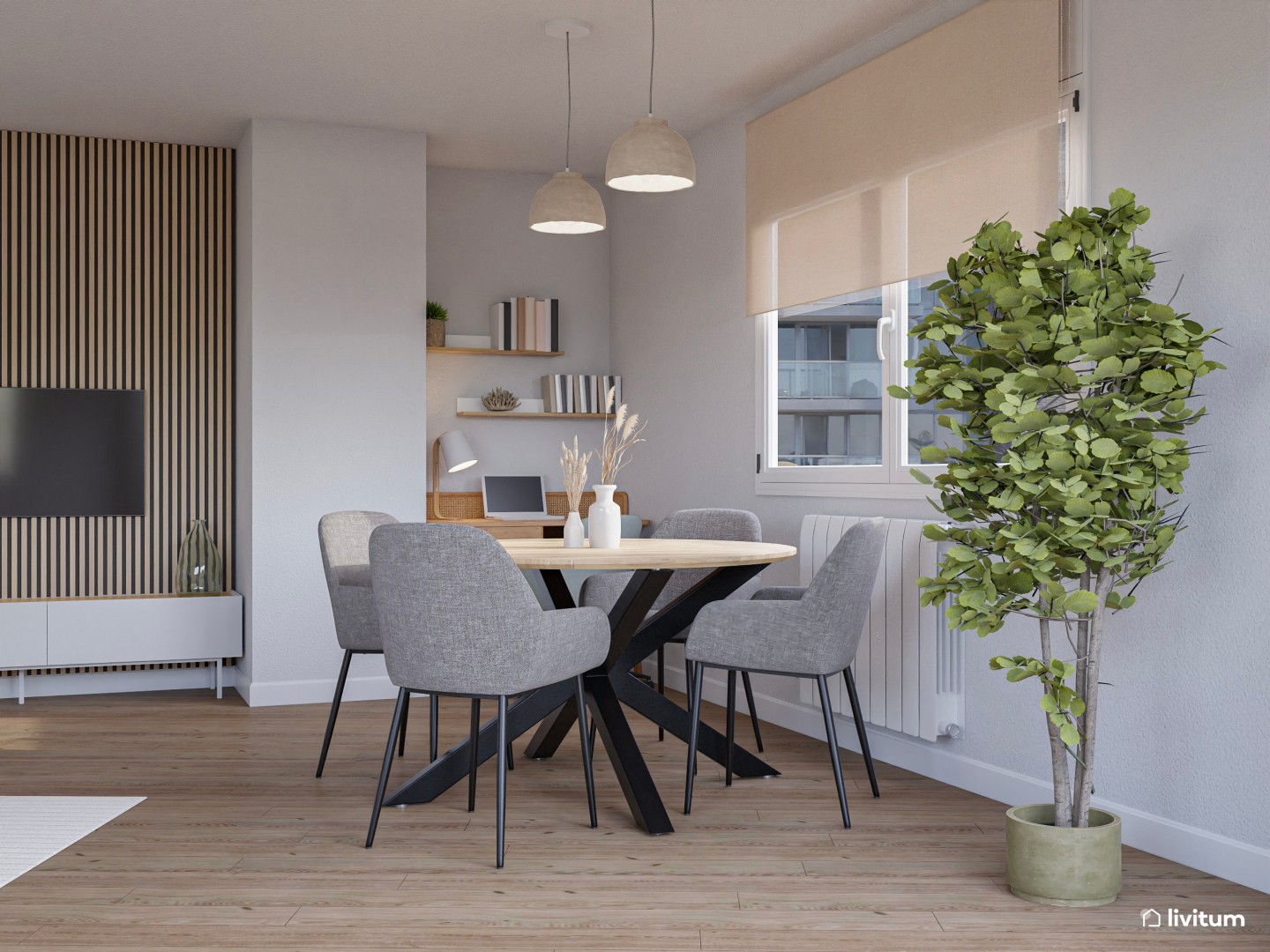 Moderno salón comedor en tonos grises y azulados - Livitum.com