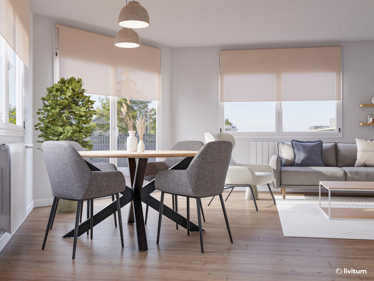 Moderno salón comedor en tonos grises y azulados - Livitum.com
