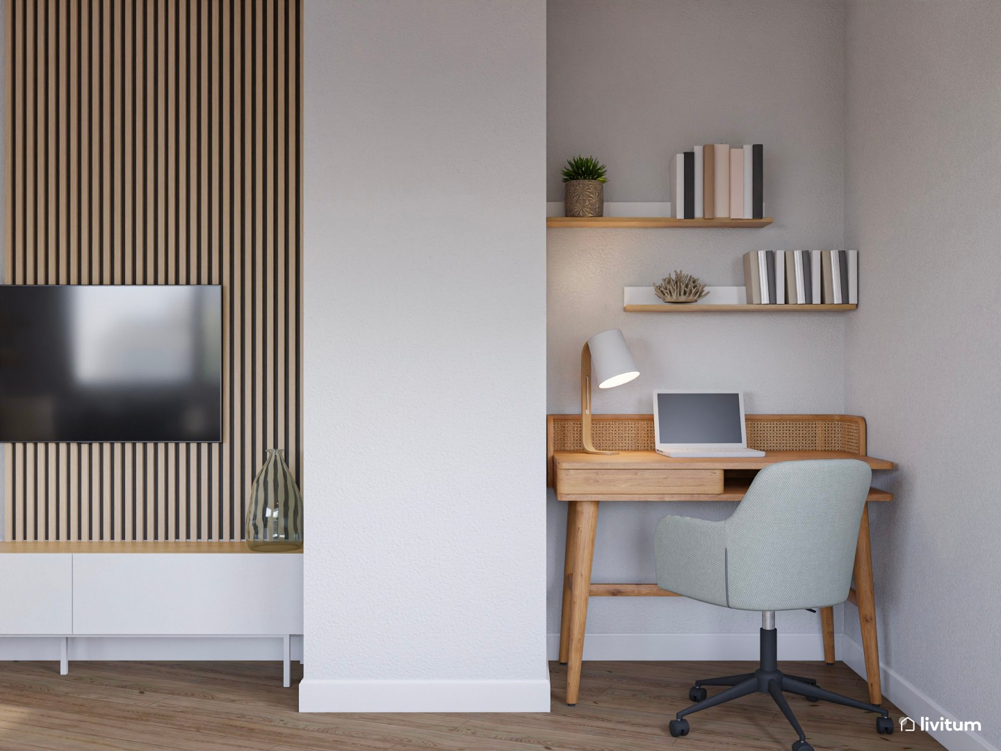 Moderno salón comedor en tonos grises y azulados - Livitum.com
