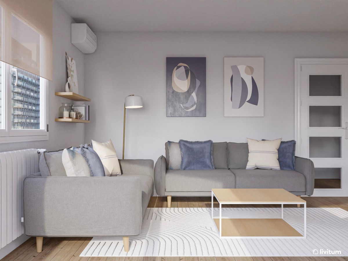 Moderno salón comedor en tonos grises y azulados - Livitum.com