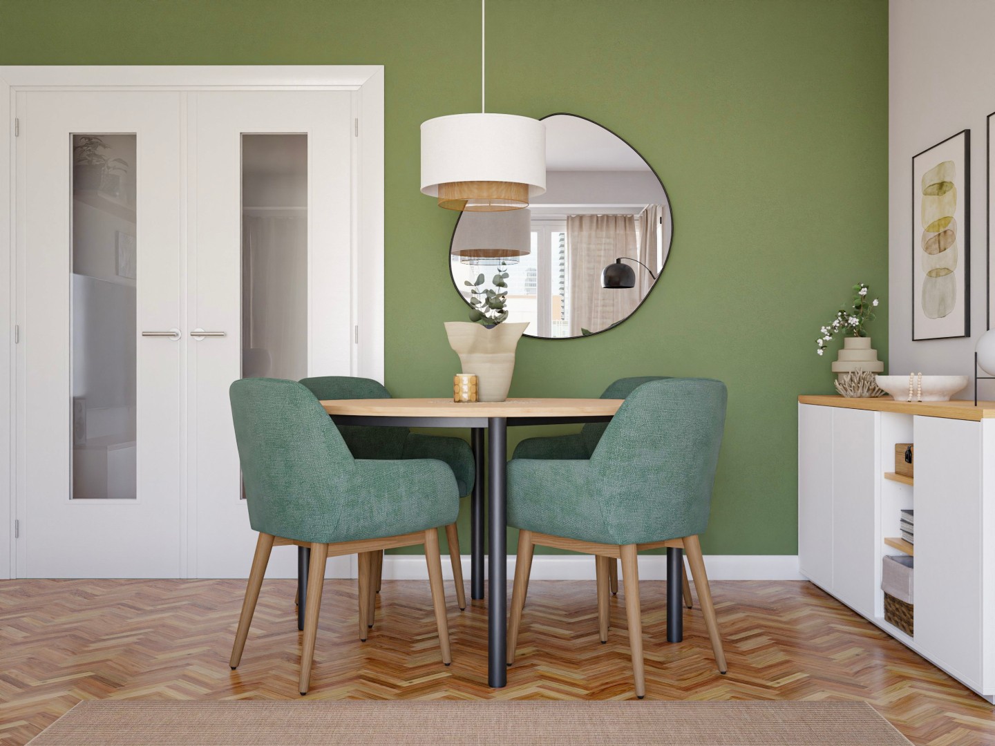 Nórdico salón comedor en verde y beige - Livitum.com