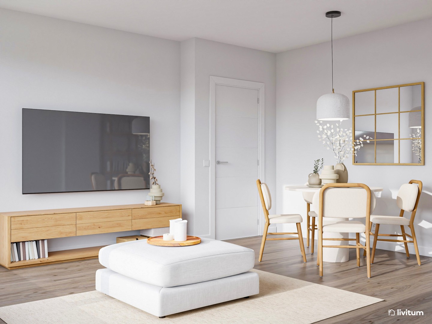 Pequeño salón comedor en blanco, madera y líneas curvas - Livitum.com