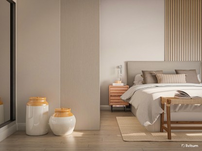 Precioso dormitorio nórdico con listones y banco de madera - Livitum.com