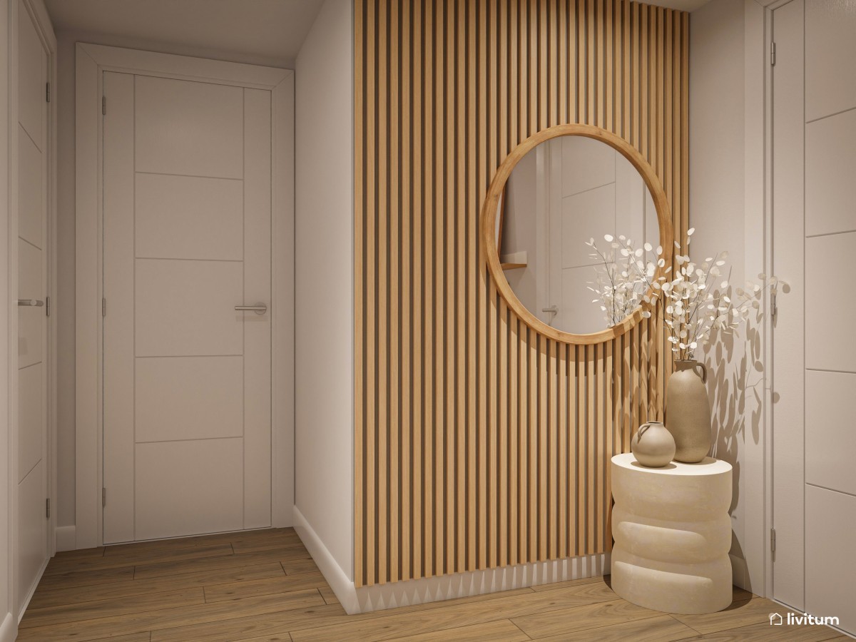 Recibidor con listones de madera y una consola blanca - Livitum.com