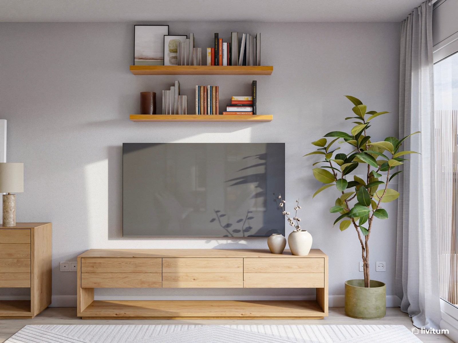 Salón comedor abierto con detalles en negro y terracota - Livitum.com