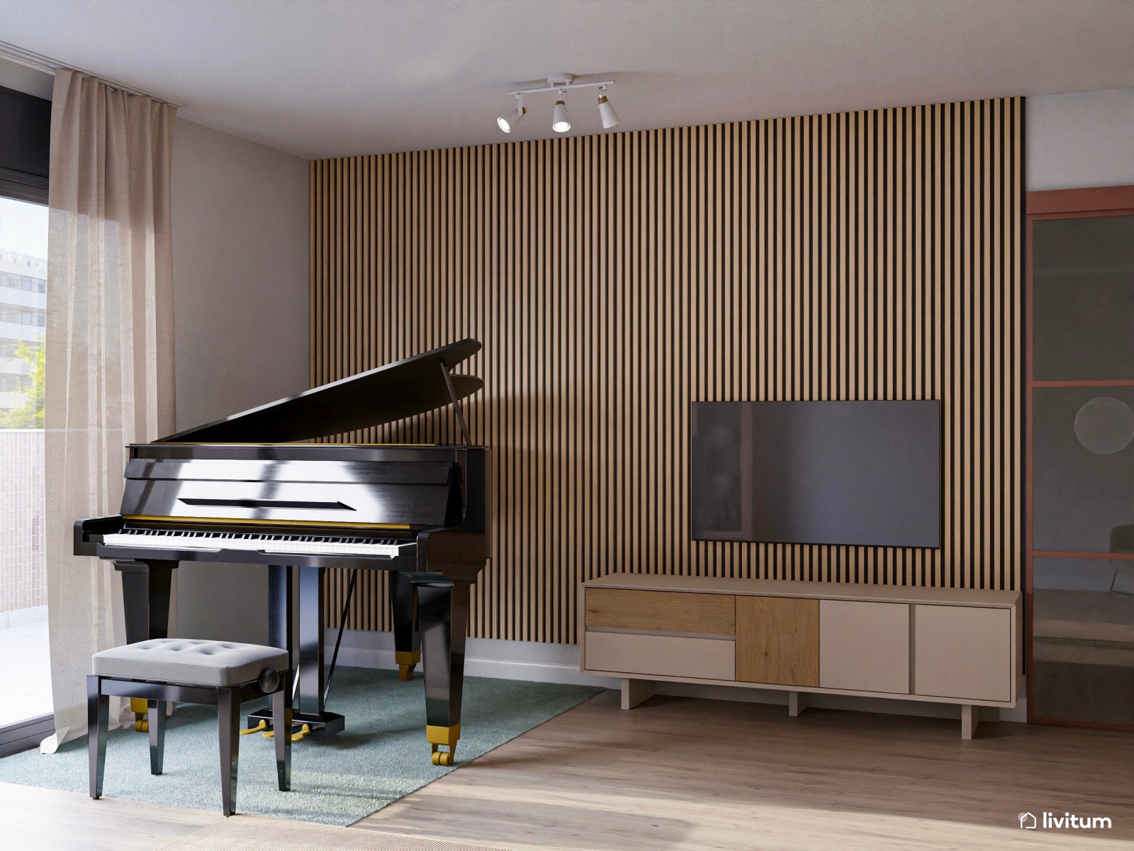 Salón comedor con listones de madera y detalles en verde - Livitum.com