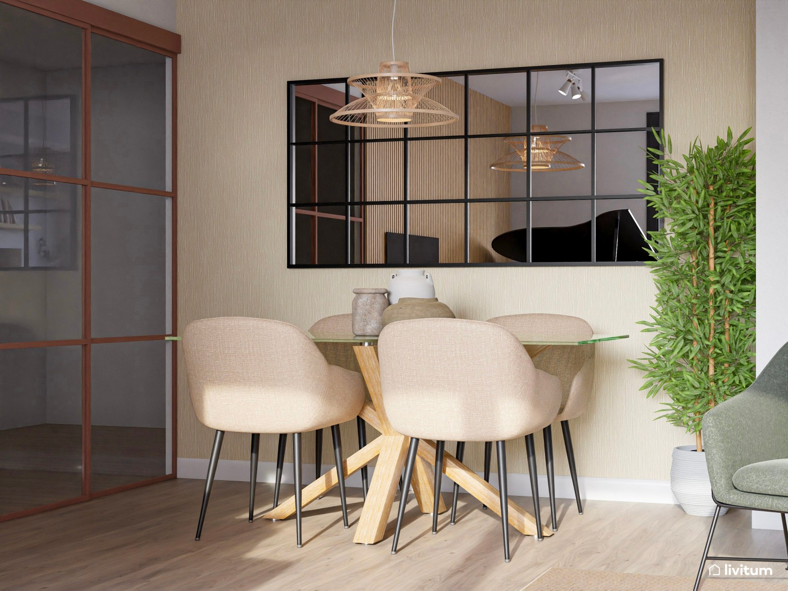 Salón comedor con listones de madera y detalles en verde - Livitum.com