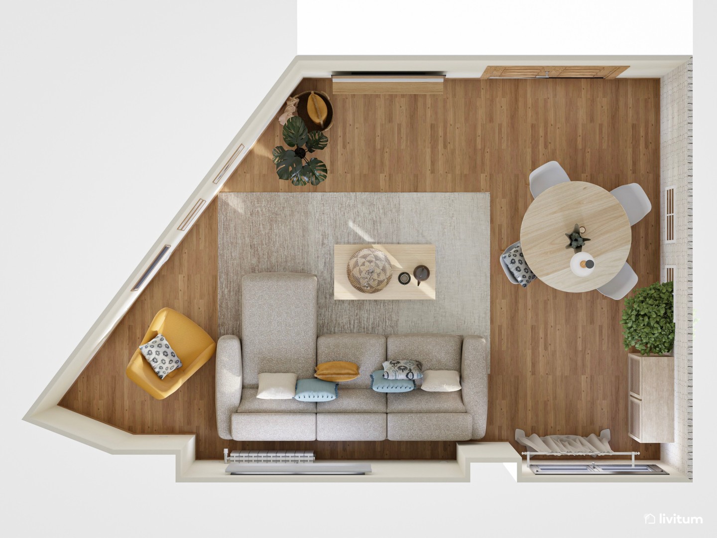 Salón comedor de estilo boho en planta irregular - Livitum.com