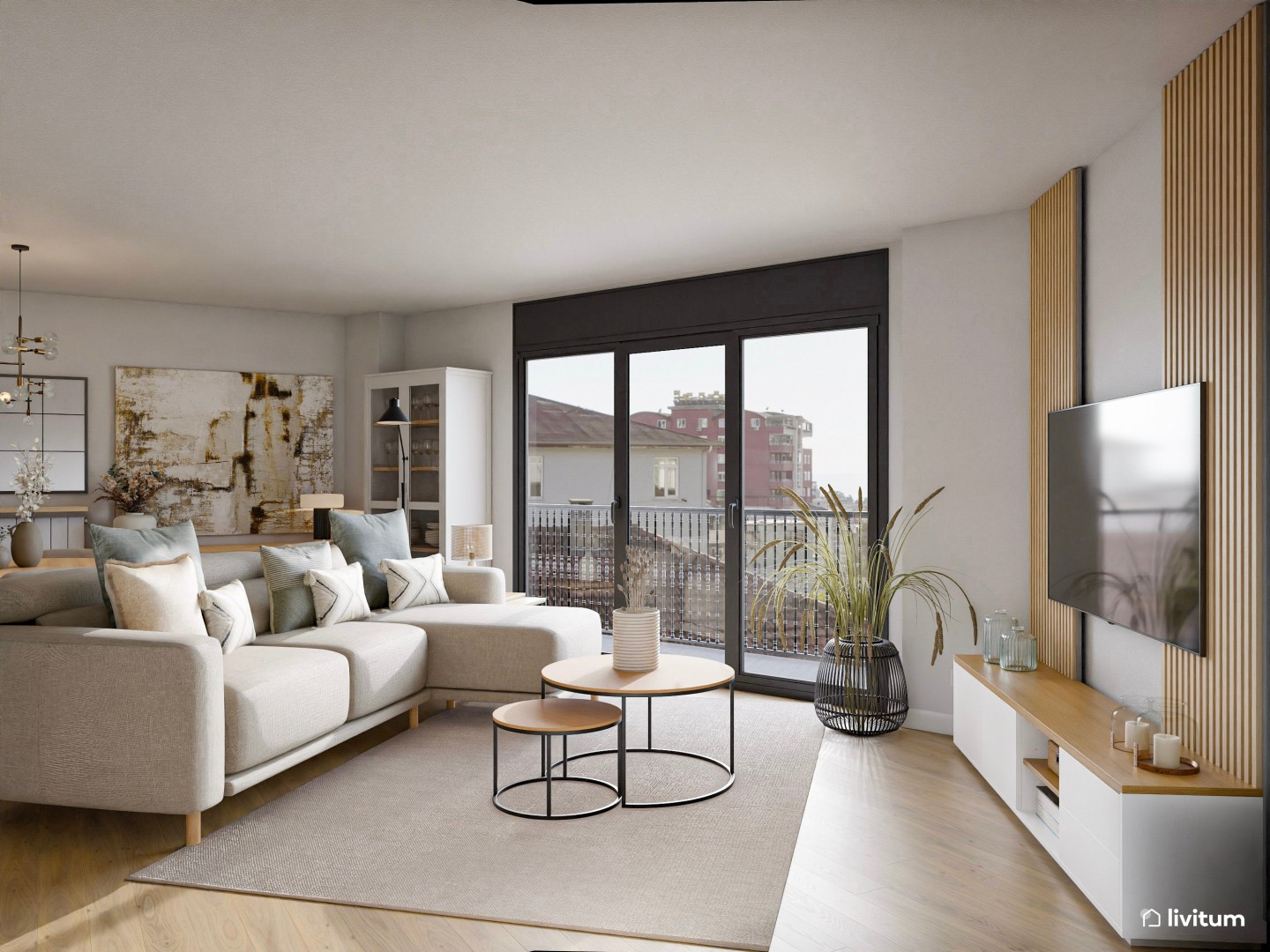 Salón comedor de planta irregular con cocina abierta de estilo ...