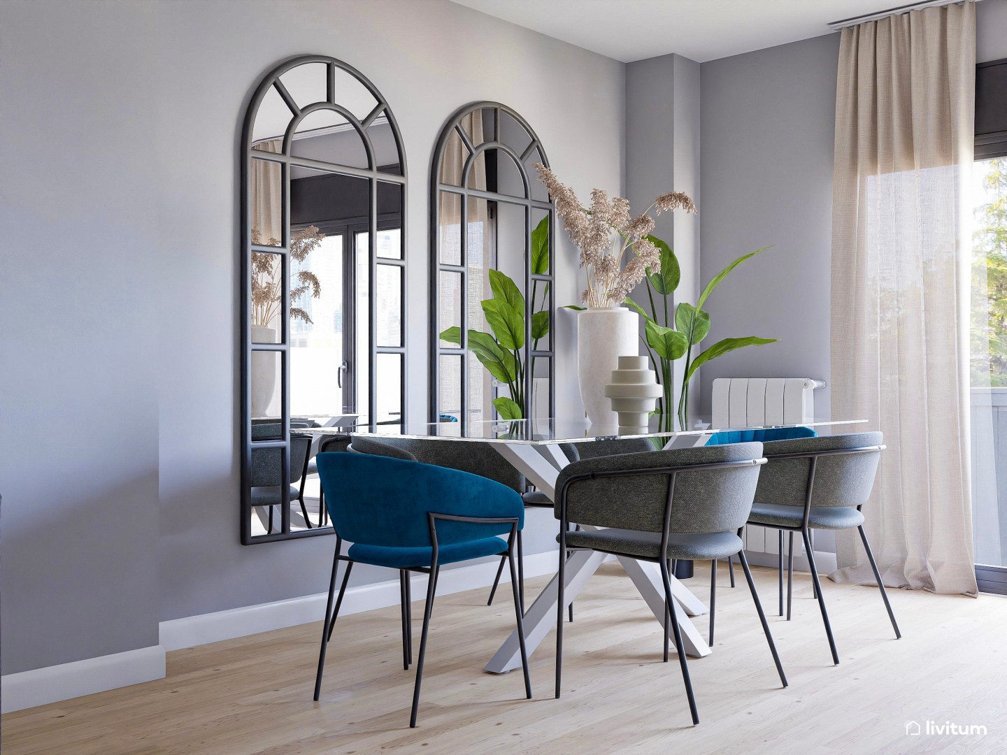 Salón comedor elegante y moderno en tonos azules - Livitum.com