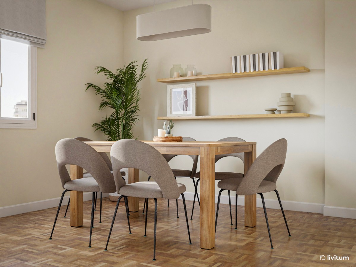 Salón comedor en tonos beige, grises y detalles en madera - Livitum.com