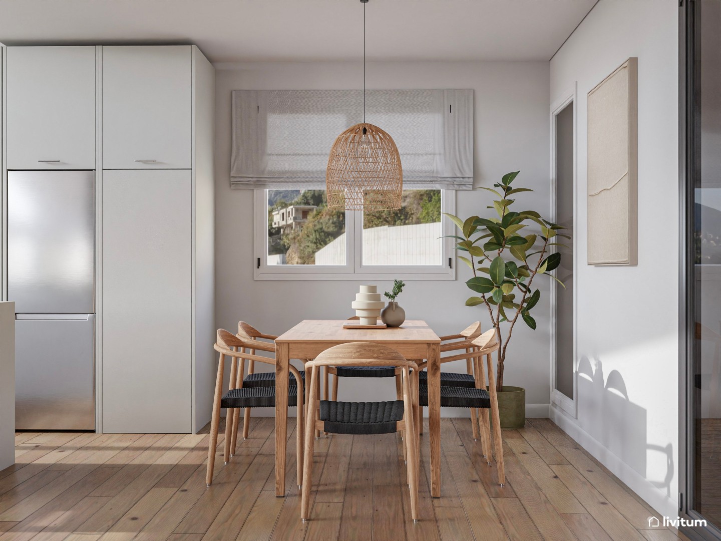 Salón comedor grande decorado con fibras naturales - Livitum.com