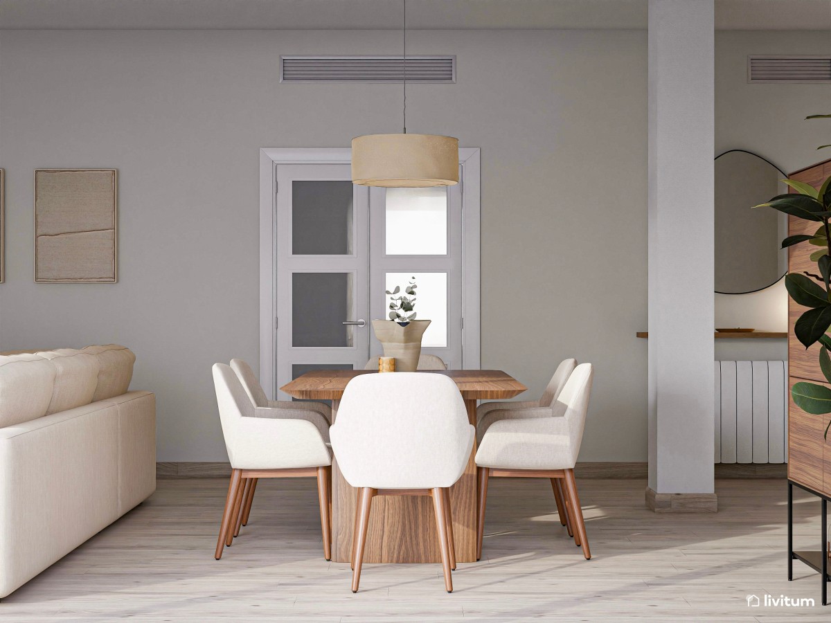 Salón comedor minimalista en blanco y madera con toques nórdicos ...