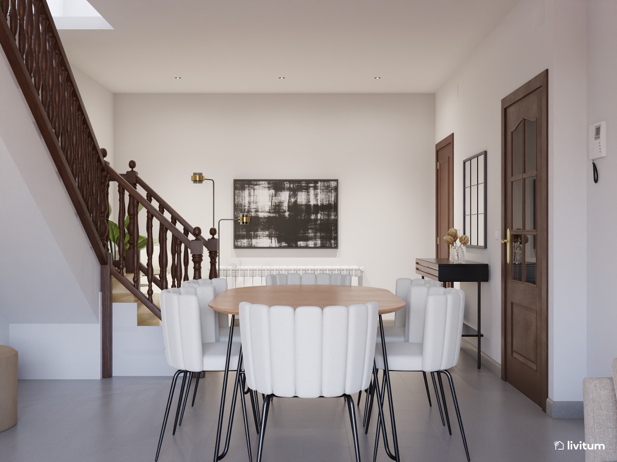 Salón comedor moderno en blanco y madera - Livitum.com