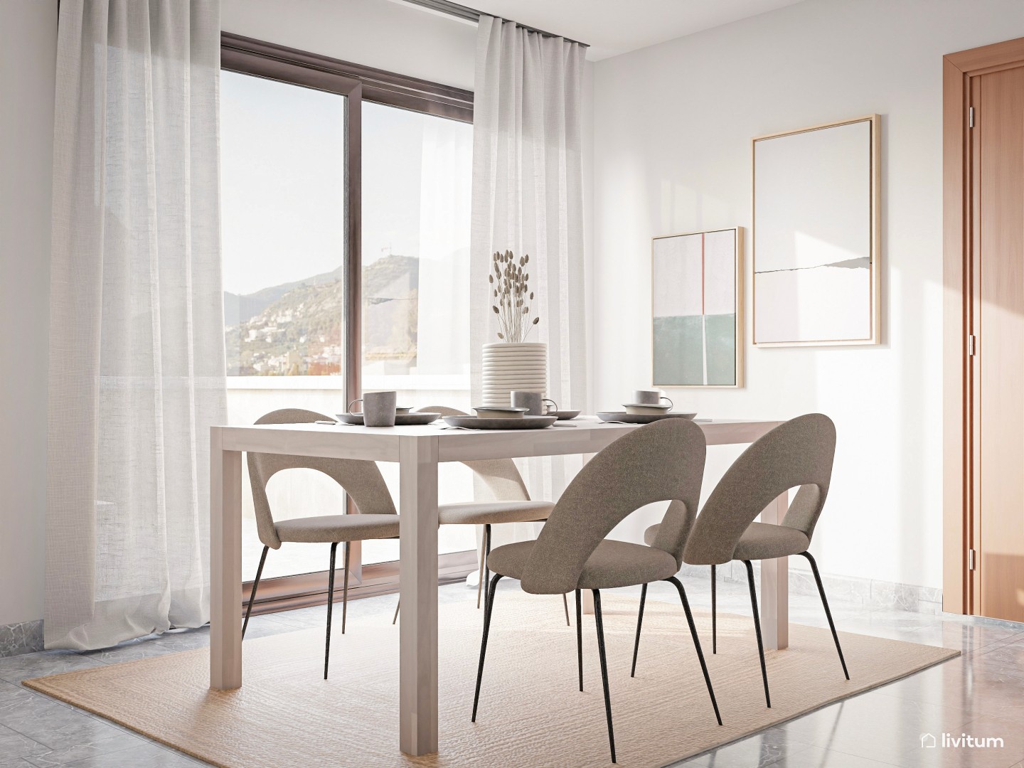 Salón comedor moderno y rústico con colores neutros - Livitum.com