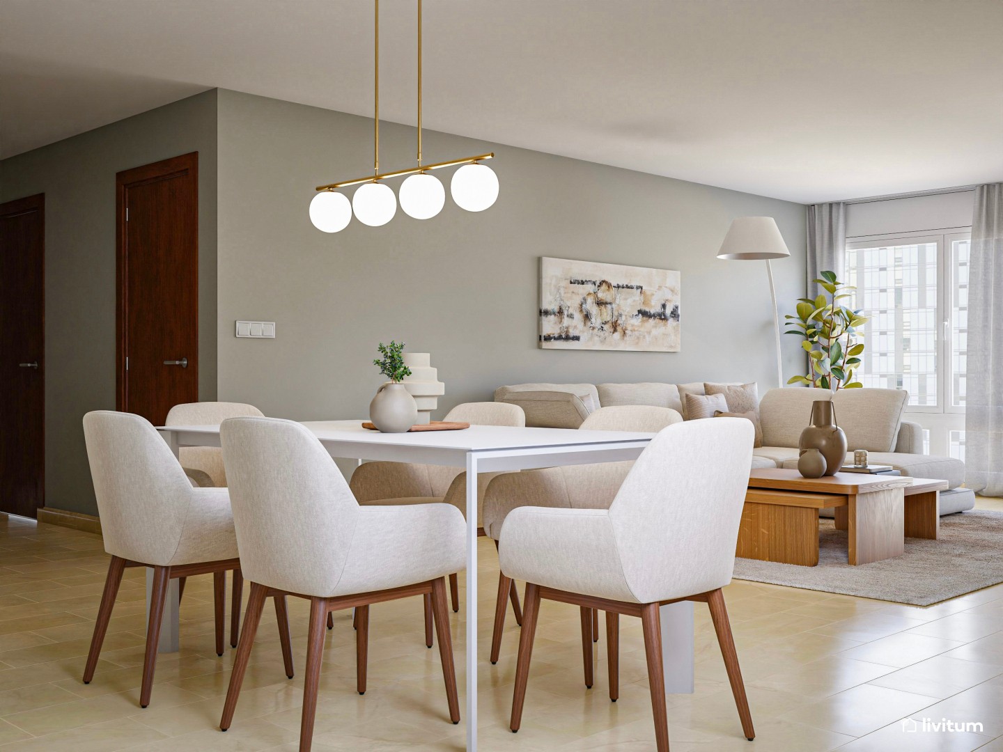 Salón comedor nórdico con muebles de madera y colores claros - Livitum.com