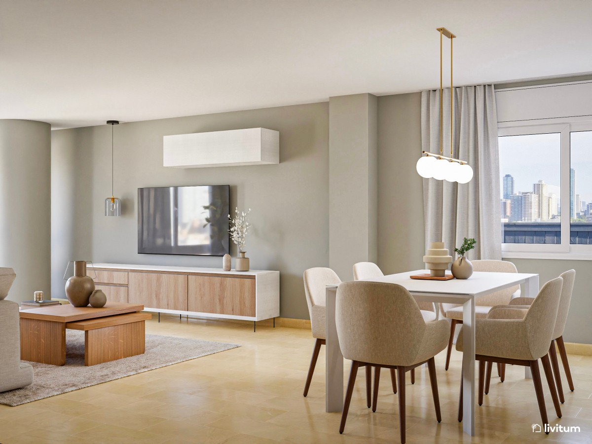 Salón comedor nórdico con muebles de madera y colores claros - Livitum.com