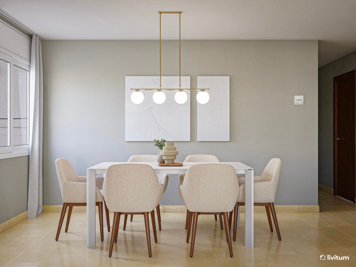 Salón comedor nórdico con muebles de madera y colores claros - Livitum.com