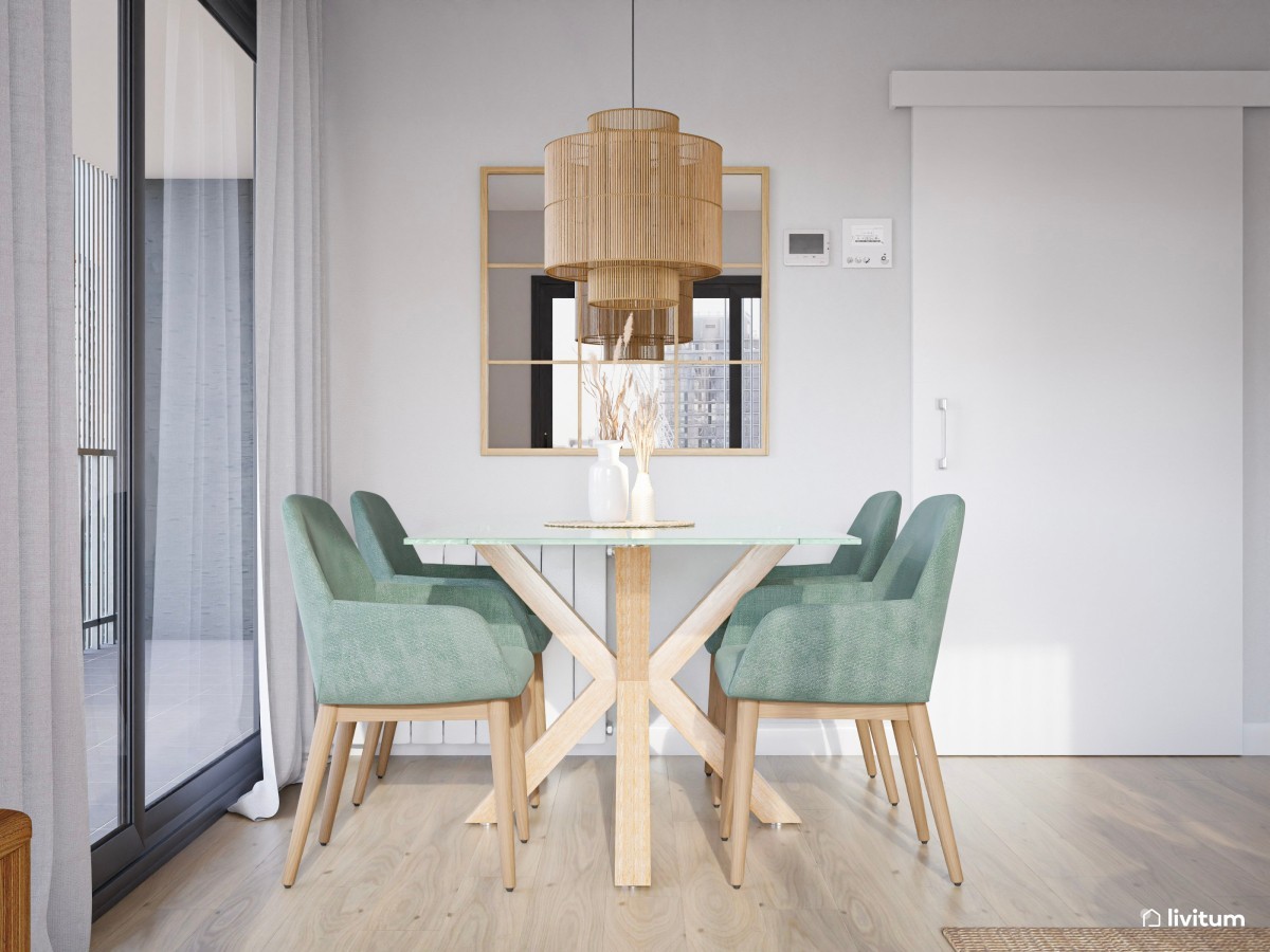 Salón comedor nórdico con sillas verdes - Livitum.com