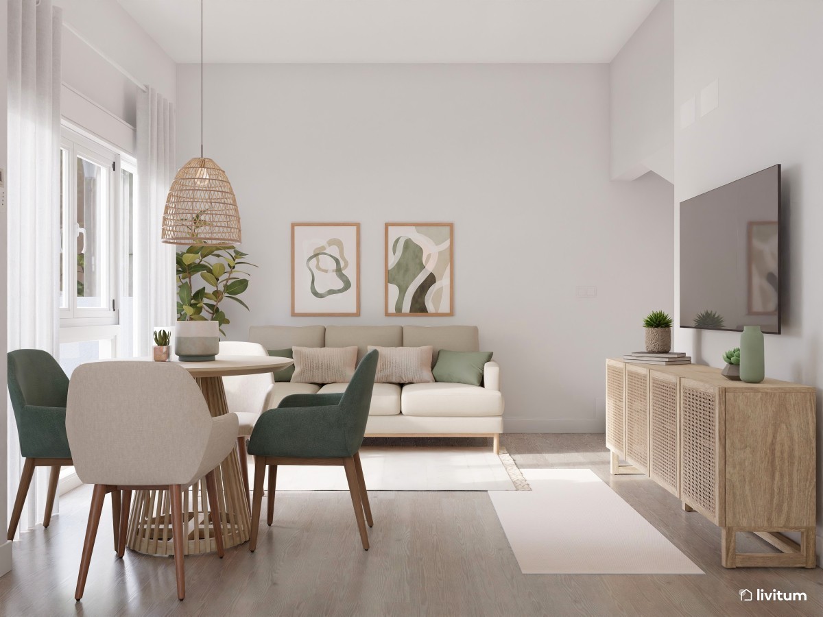 Salón comedor nórdico en beige y verde - Livitum.com