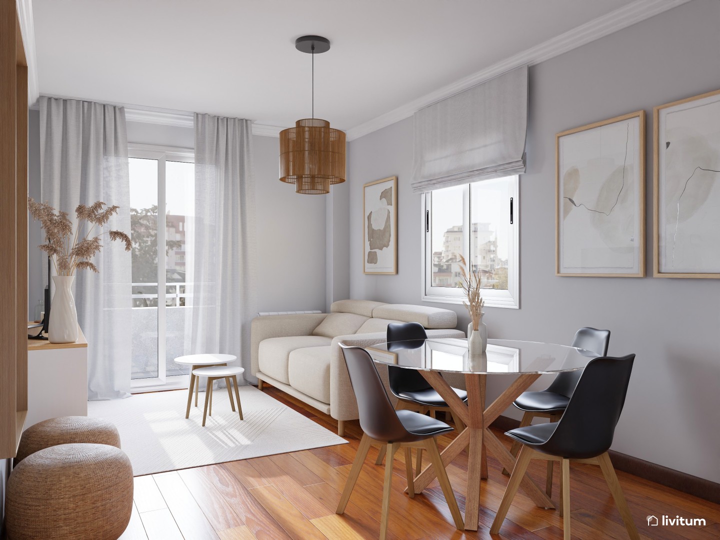 Salón comedor nórdico en blanco, madera y negro - Livitum.com