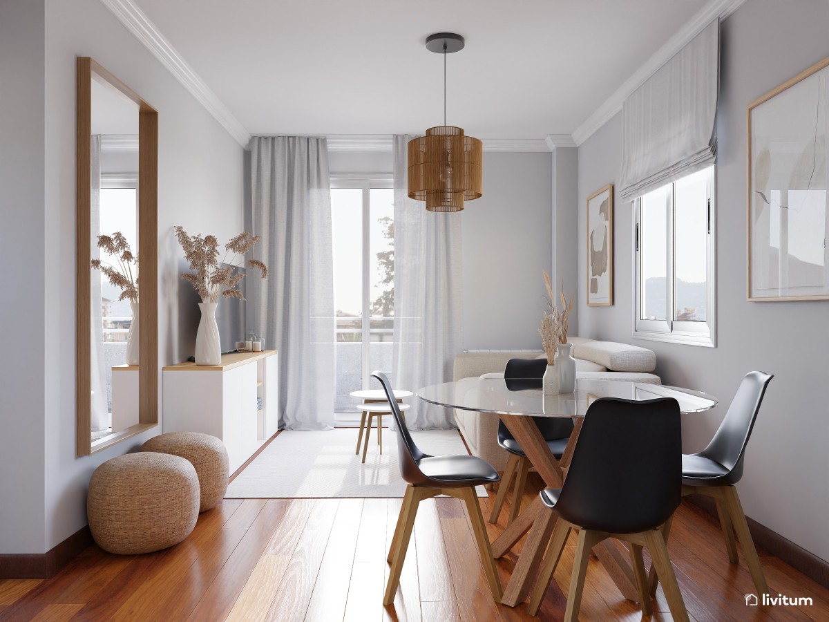 Salón comedor nórdico en blanco, madera y negro - Livitum.com