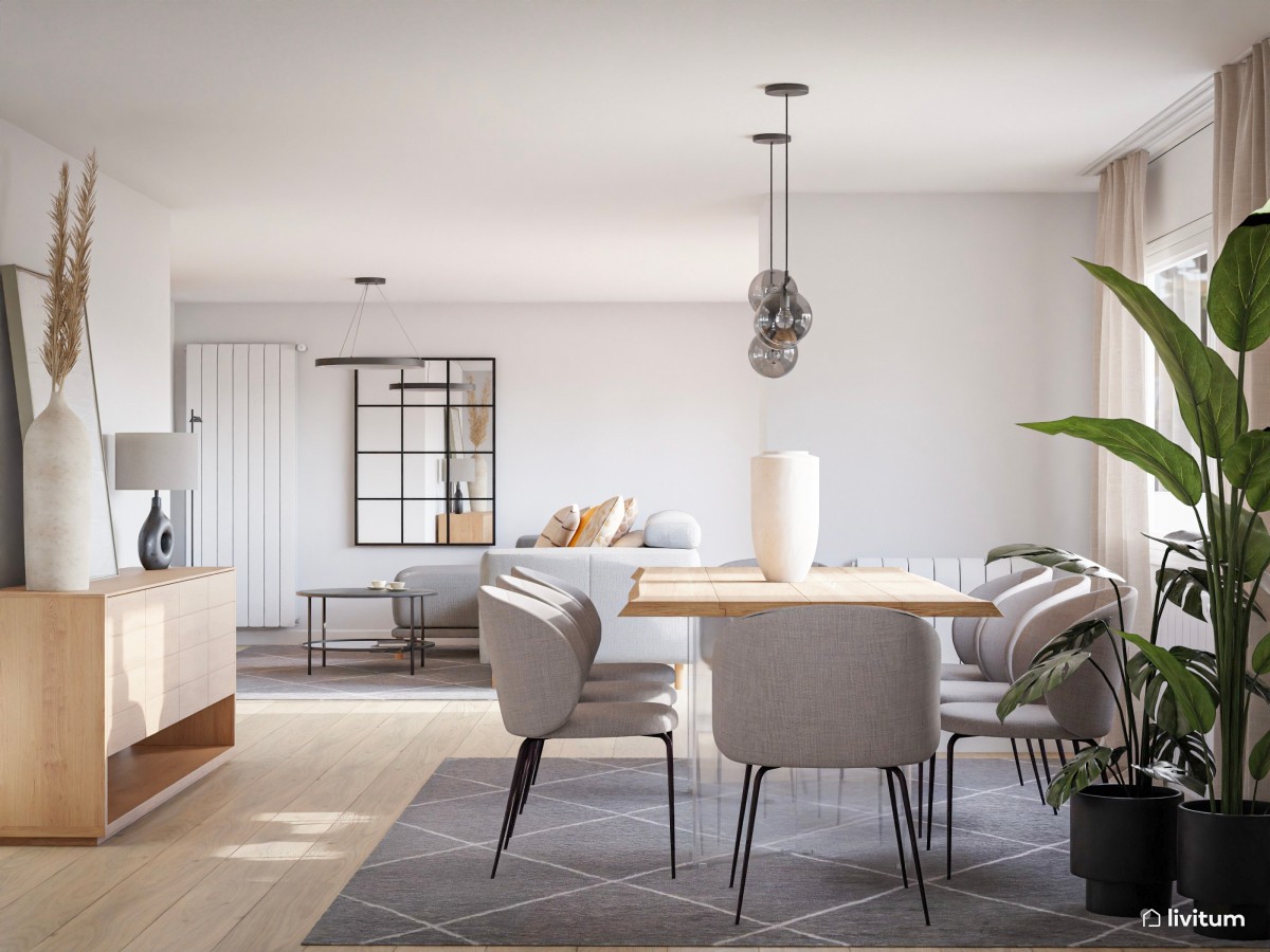 Salón comedor nórdico en gris y colores neutros - Livitum.com