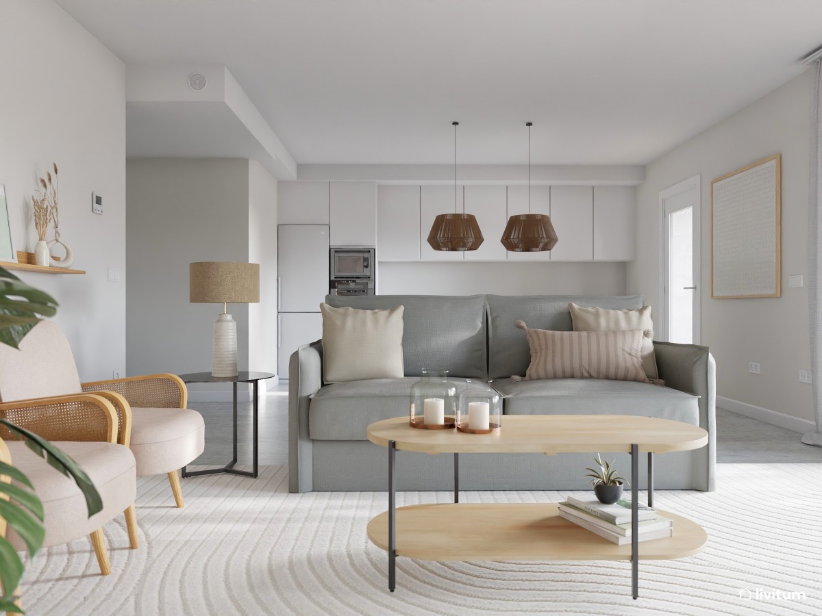 Salón comedor nórdico en tonos neutros y pinceladas verdes - Livitum.com