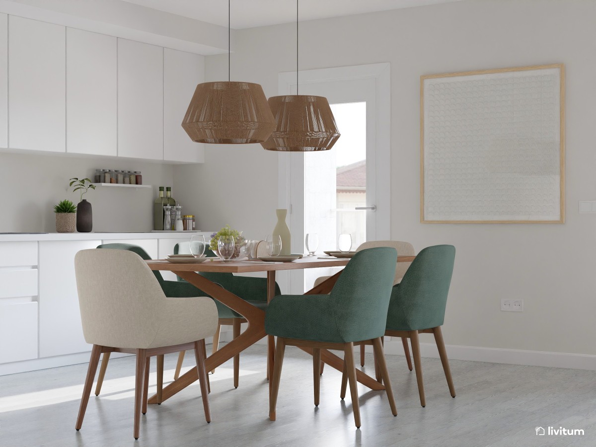 Salón comedor nórdico en tonos neutros y pinceladas verdes - Livitum.com
