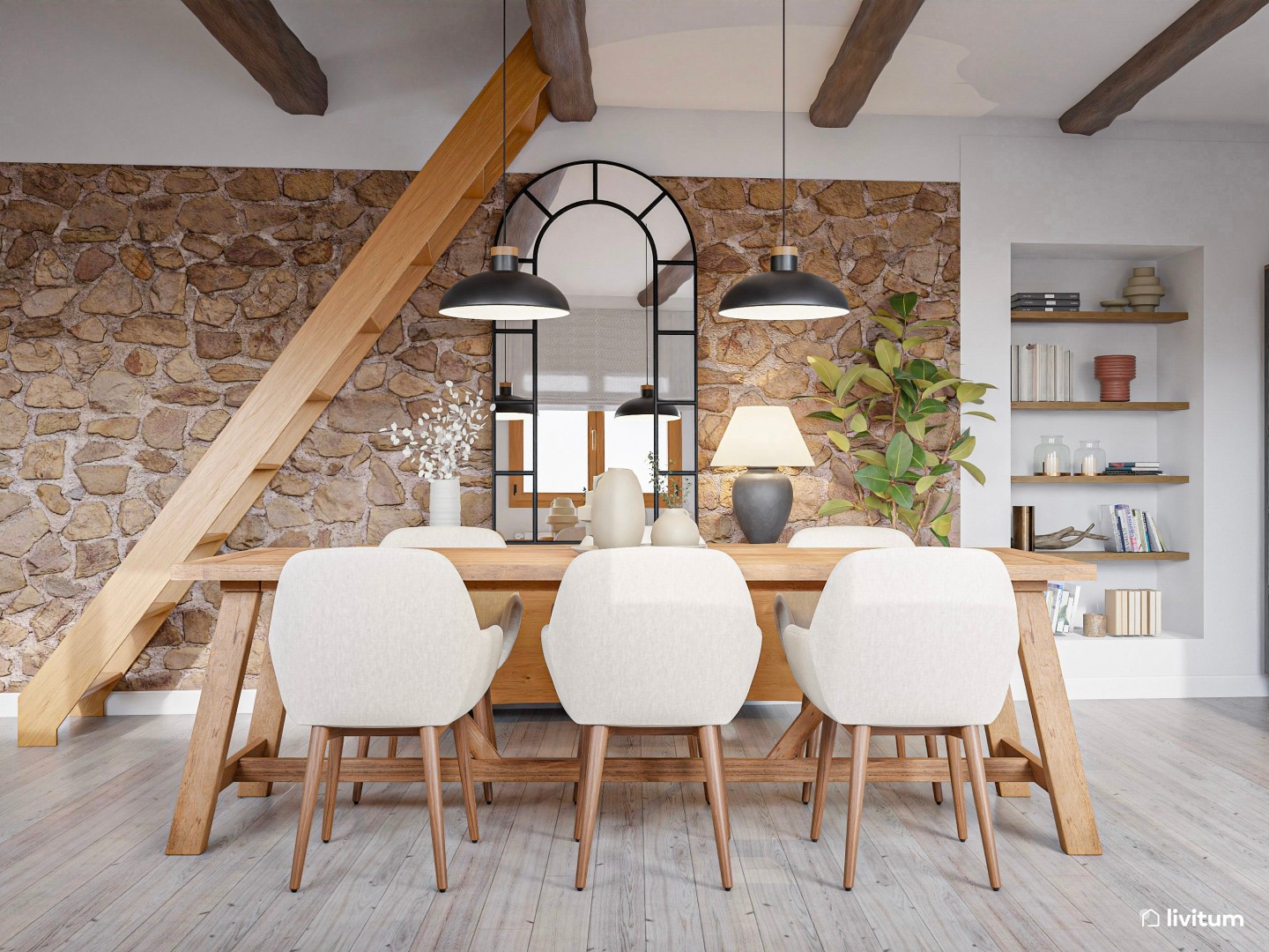 Salón comedor rústico y nórdico con zona de trabajo - Livitum.com