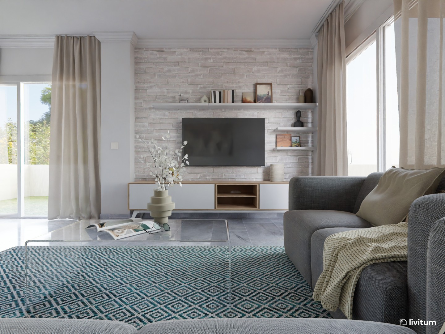 Salón, comedor y estudio de estilo nórdico y moderno - Livitum.com