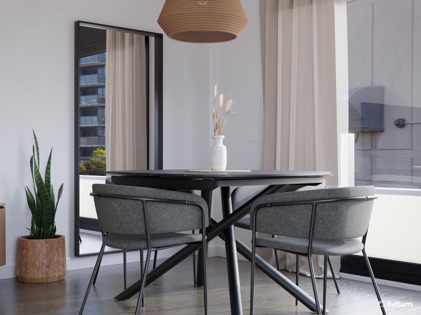 Salón con comedor en tonos gris y beige - Livitum.com