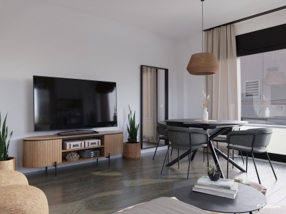 Salón con comedor en tonos gris y beige - Livitum.com